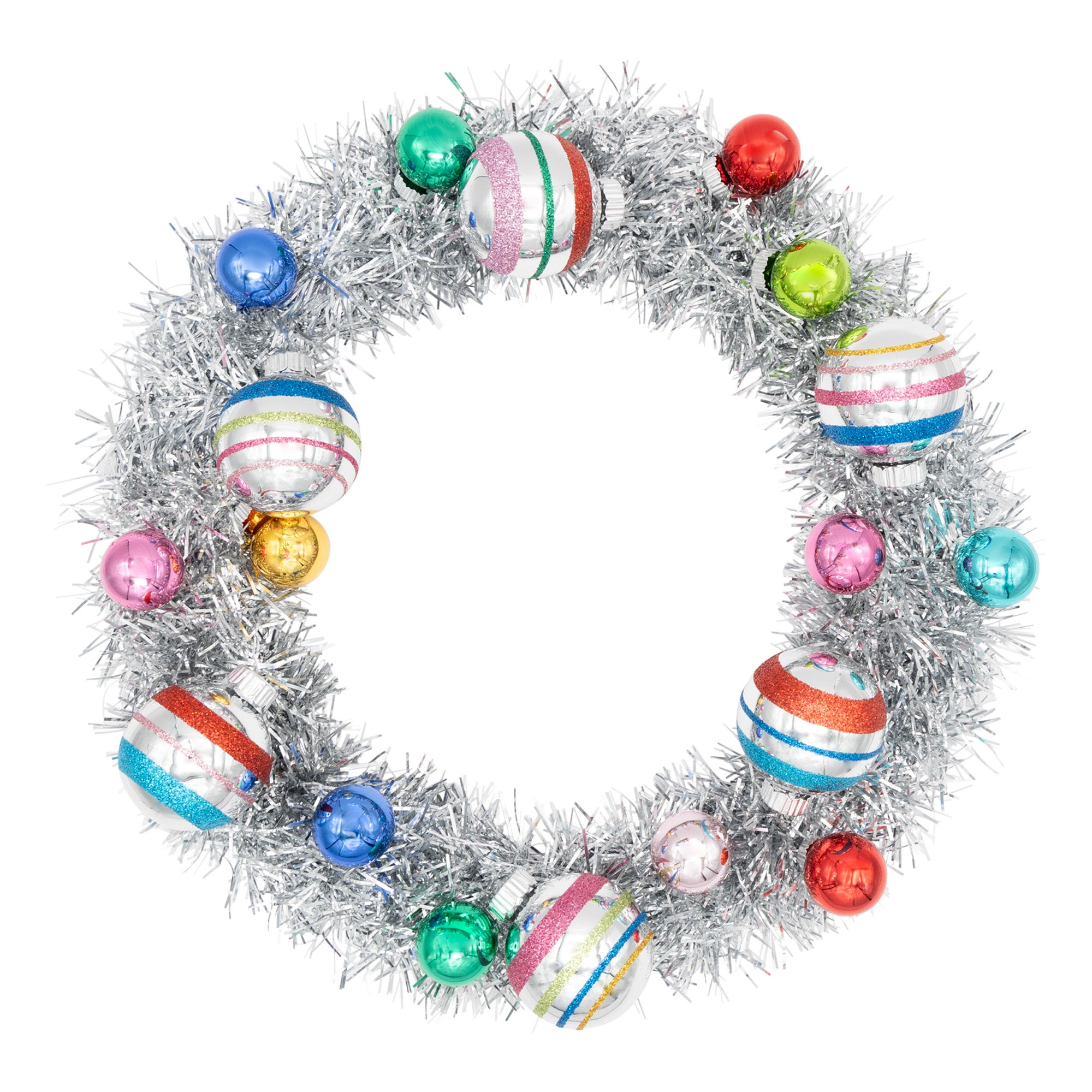 CHRISTMAS CONFETTI SILVER TINSEL WREATH WITH 1" AND 1.75" ROUNDS ...